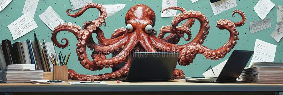 Octopus at an Office Desk Surrounded by Paperwork Stock Illustration ...