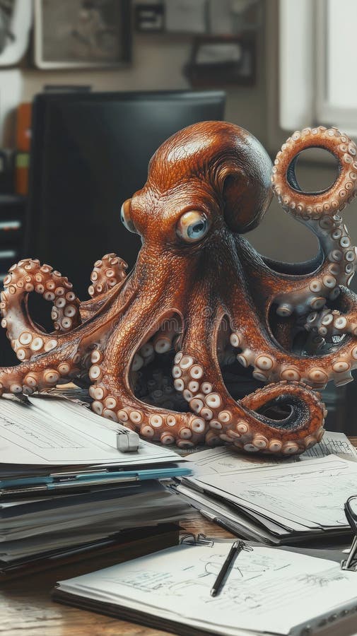 Octopus on Paperwork-laden Table Under Office Light Stock Illustration ...