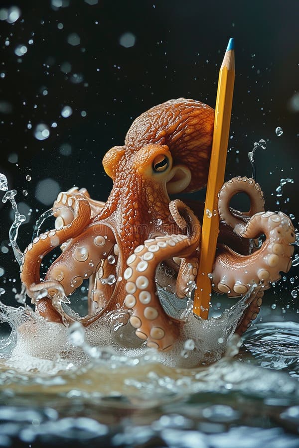 Octopus with Pencil in Water with Black Background Stock Illustration ...