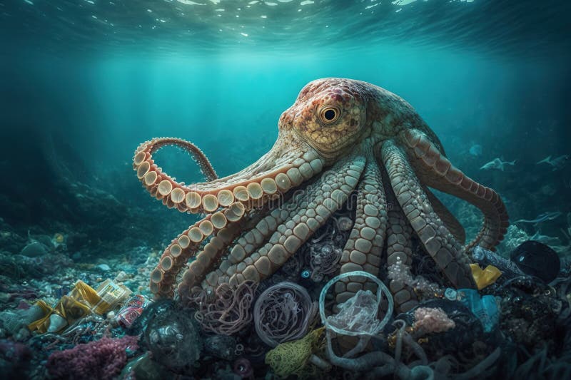 An Octopus Perches on a Pile of Plastic Trash in the Sea. Generative Ai ...