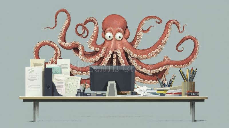 Octopus Performs Office Tasks with Multiple Arms Stock Illustration ...