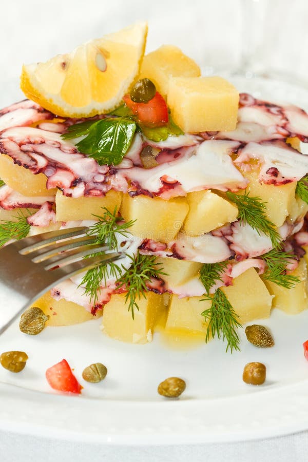 Octopus pie with potatos stock photo. Image of isolated - 28258958