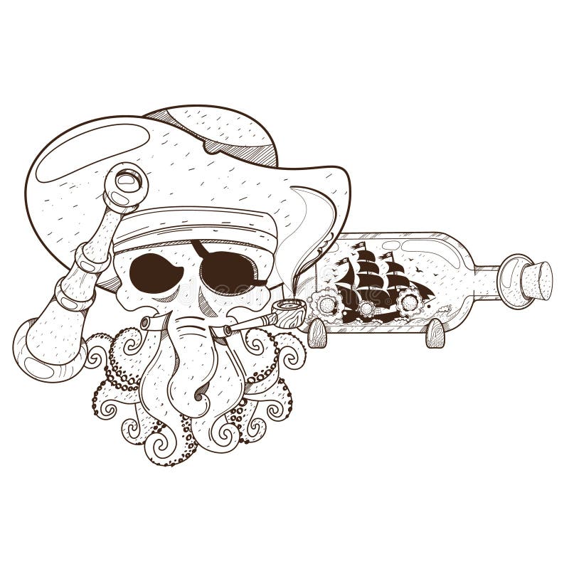 Octopus Pirate and Ship in a Bottle. Graphics Pirate Theme. Stock ...