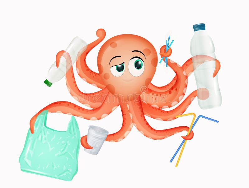 Octopus with Plastic Objects Stock Illustration - Illustration of ...
