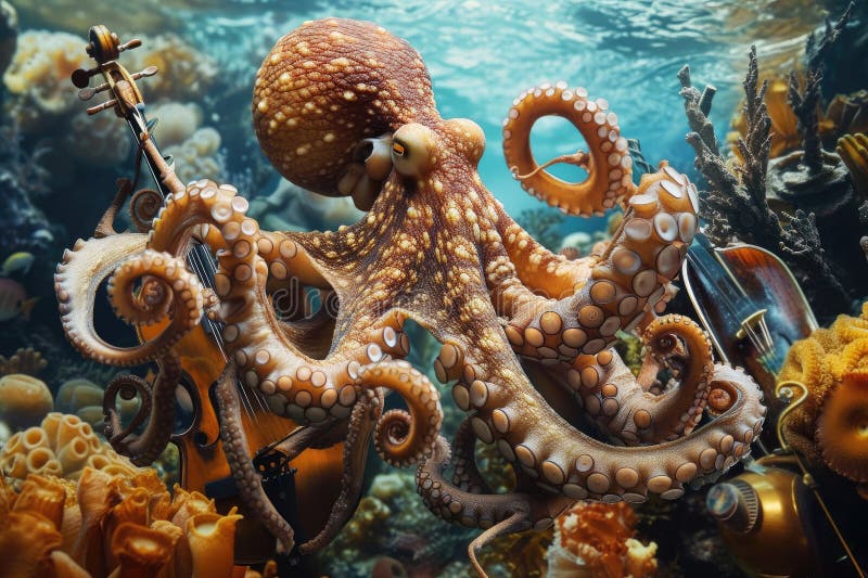 An Octopus is Playing Drums in a Room, Octopus Playing Various Musical ...
