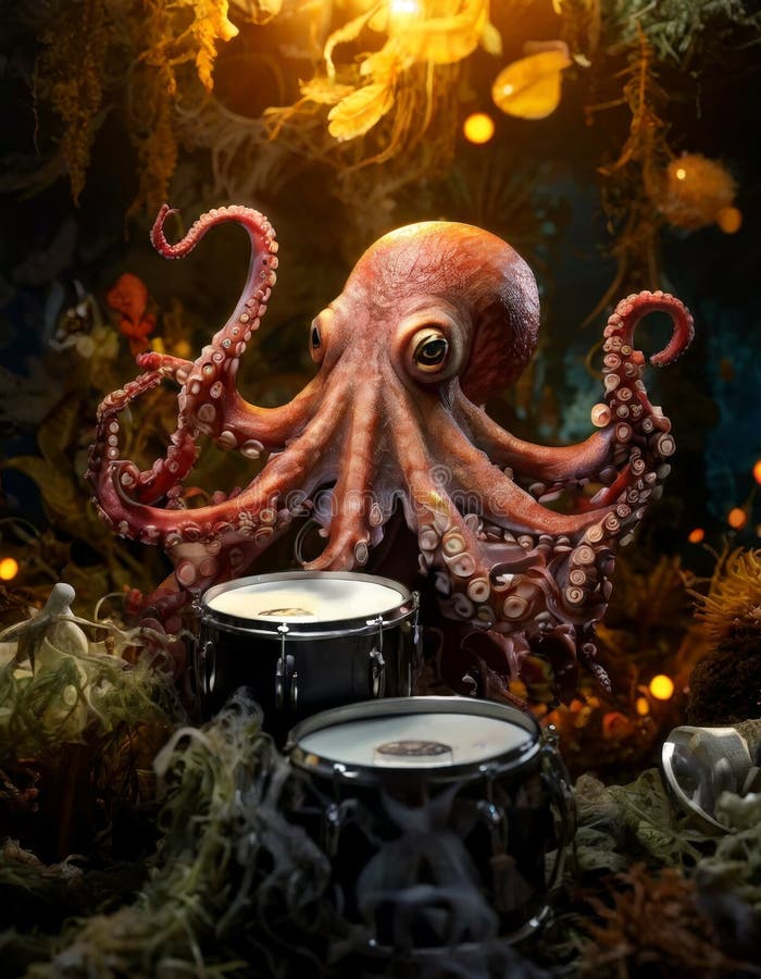 Octopus Playing Drums in an Underwater Scene Stock Photo - Image of ...