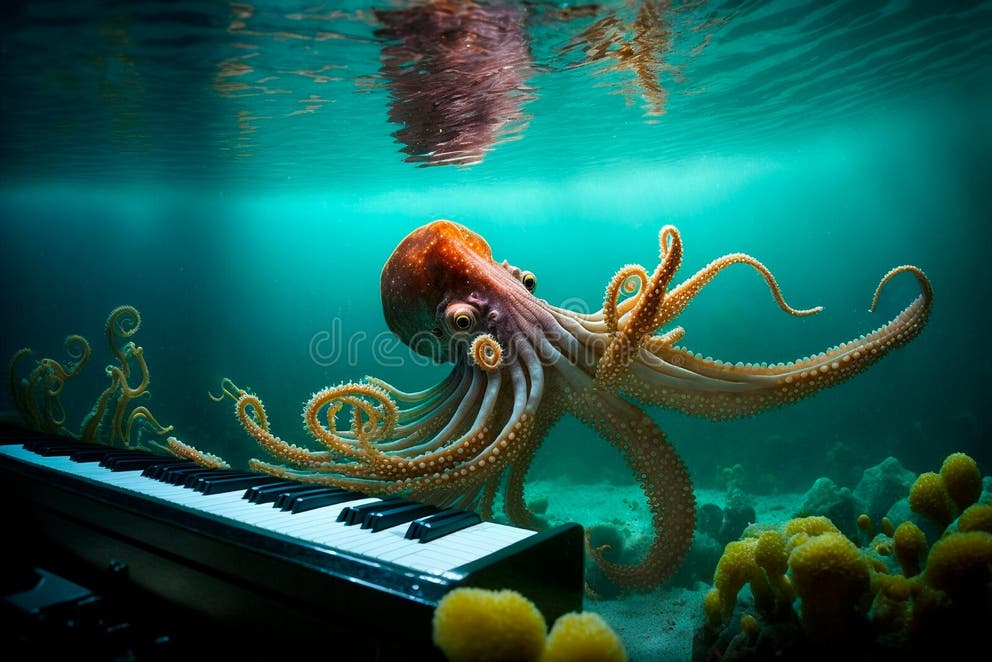 Octopus Playing the Piano Underwater. Stock Illustration - Illustration ...