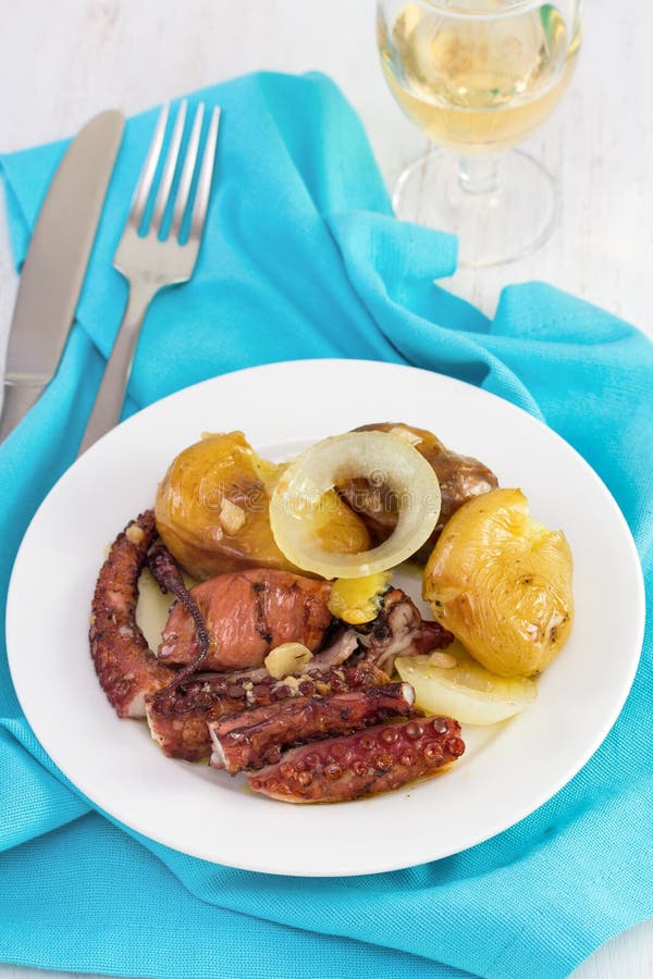 Octopus with Potato and Oil Stock Photo - Image of food, white: 28529016