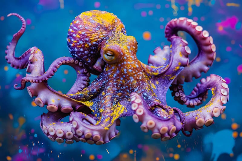 An Octopus with Purple and Yellow Tentacles Floating in the Water ...