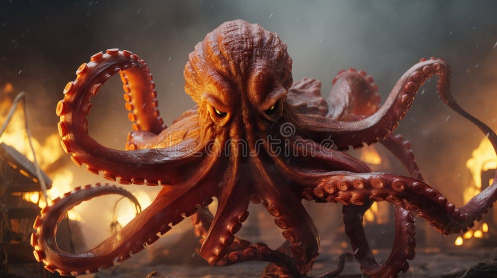 Eerily Realistic Fire Scene with a Red Octopus in Unreal Engine 5 Stock ...
