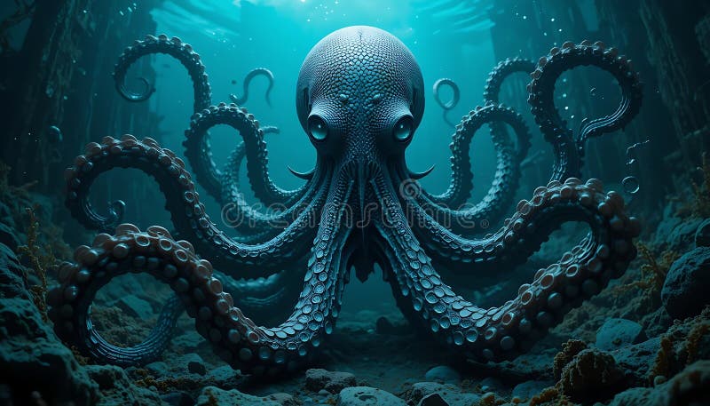 Octopus Resting on Ocean Floor with Light Streaming through Water Stock ...