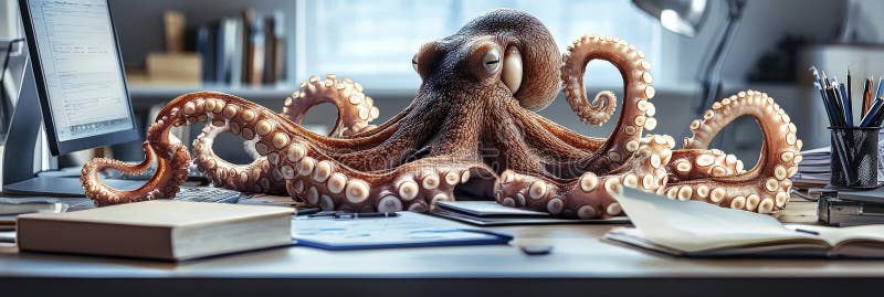 Octopus Rests on Desk Amidst Open Books and Computer Stock Illustration ...