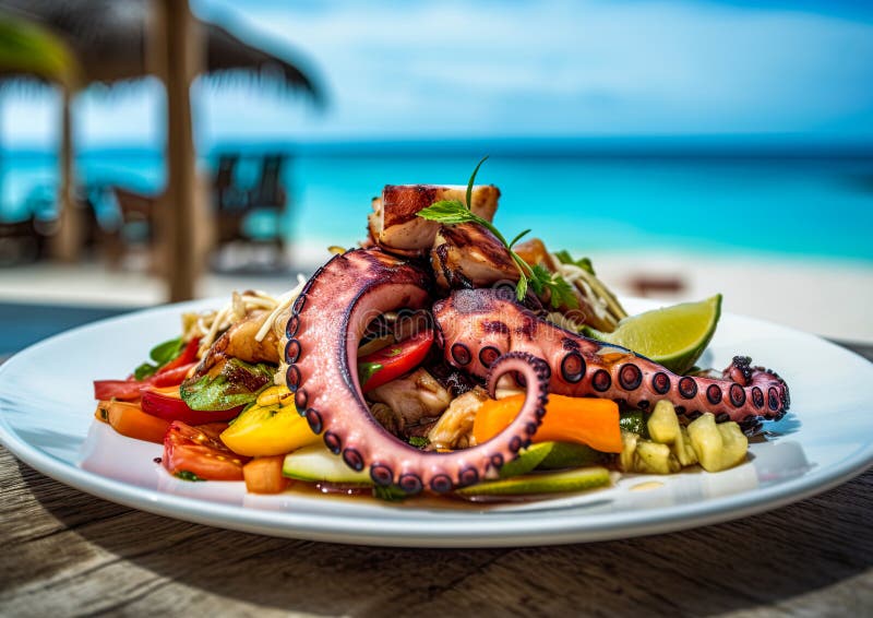 Octopus Served in Restaurant at the Beach. Ai Generative Stock ...