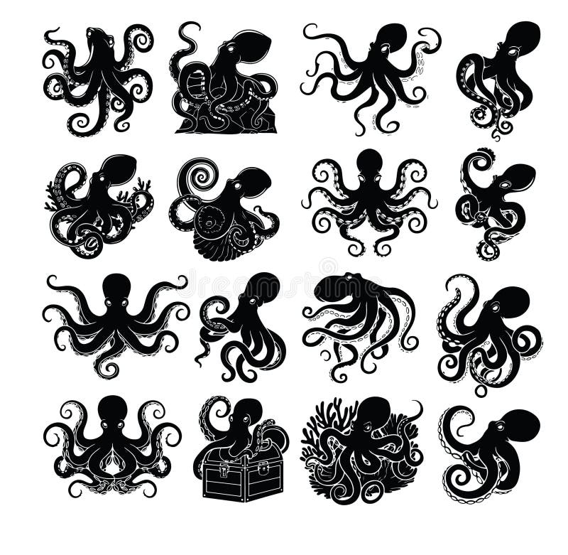 Octopus Silhouette Vector Collection Sea Octopus Silhouette Graphic Set ...