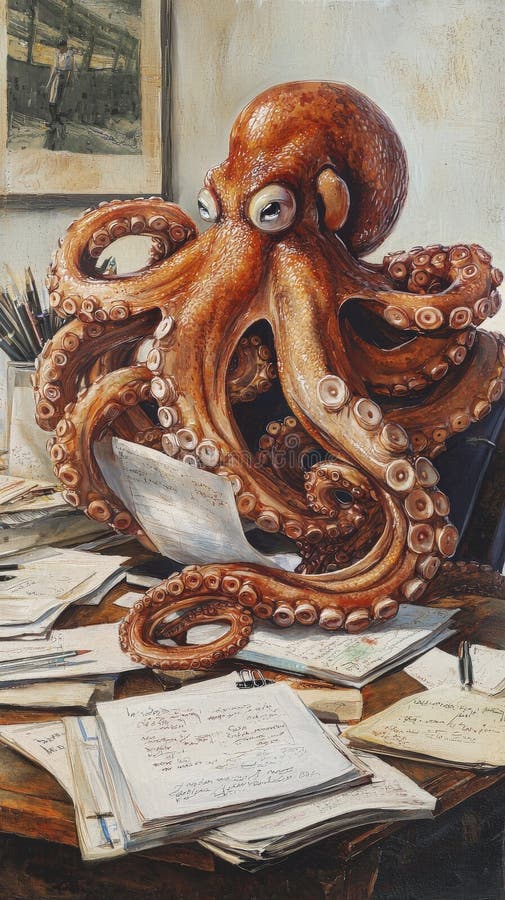 Octopus Working Diligently at a Cluttered Desk Stock Illustration ...