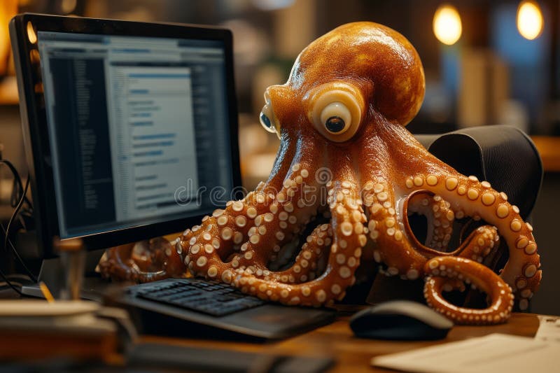 Octopus Sitting at Desk Working Late at Night on Computer Keyboard and ...