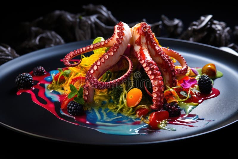 An Octopus is Sitting on a Plate with Colorful Food, AI Stock Image ...