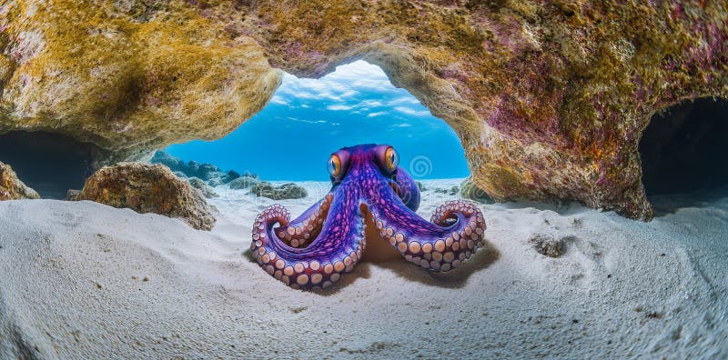 An Octopus is Situated Near Coral Rock on the Sandy Underwater Bottom ...