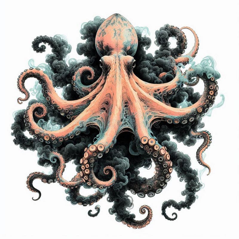 Peach Color Octopus Black Ink Stock Illustration - Illustration of ...