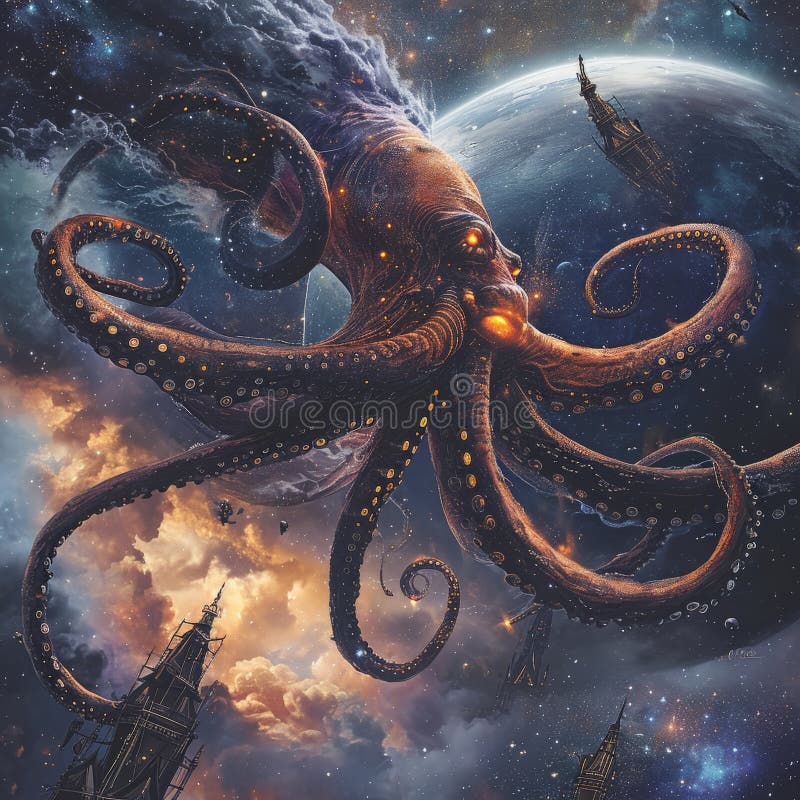 An Octopus in Space with a Planet and Buildings Stock Photo - Image of ...