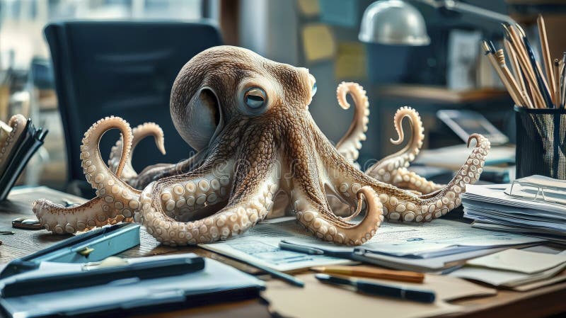 Octopus Sprawls Freely on a Diverse Office Workspace Stock Illustration ...
