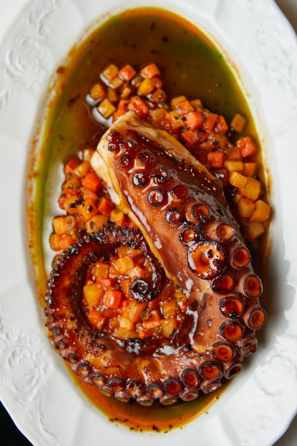 Octopus with Stewed Vegetables and Sauce on a White Plate Stock Photo ...