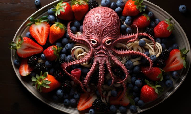 An Octopus is Surrounded by Berries and Other Fruit, AI Stock Image ...