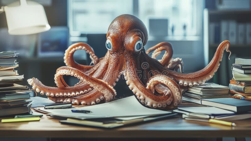 Octopus Surrounded by Books in Bright Study Area Stock Illustration ...