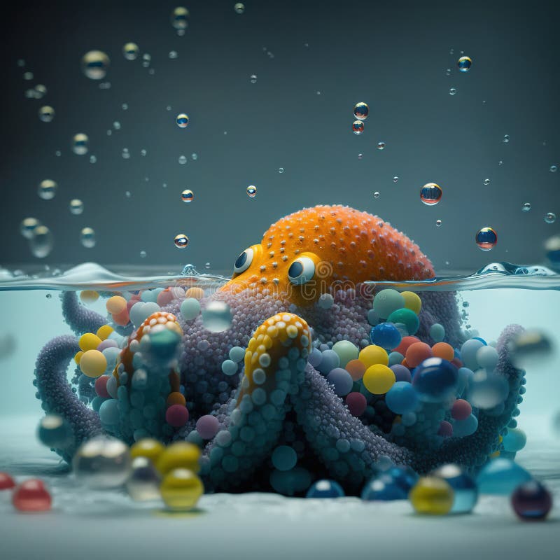 An Octopus is Surrounded by Bubbles in the Water, with a Ball of ...