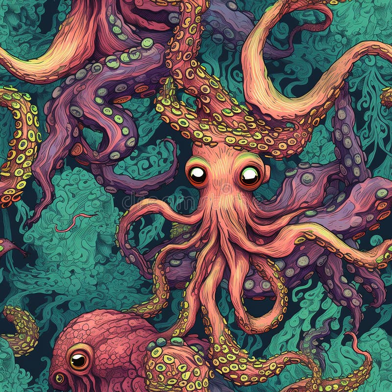 An Octopus Surrounded by Underwater Coral and Debri. Stock Illustration ...