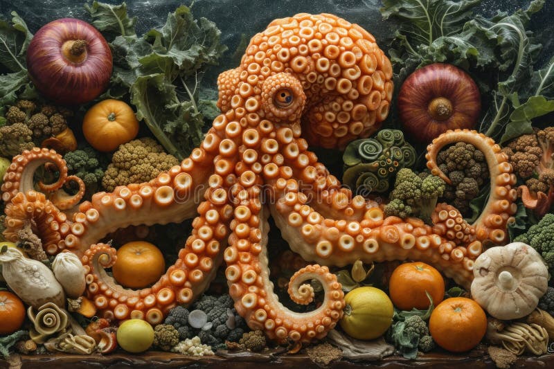 An Octopus is Surrounded by Vegetables and Fruits in a Display, AI ...