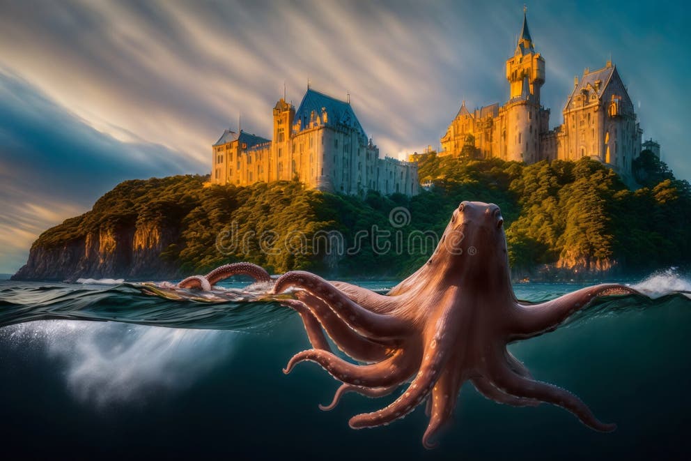An Octopus Swimming in Front of a Castle. Generative AI Stock ...