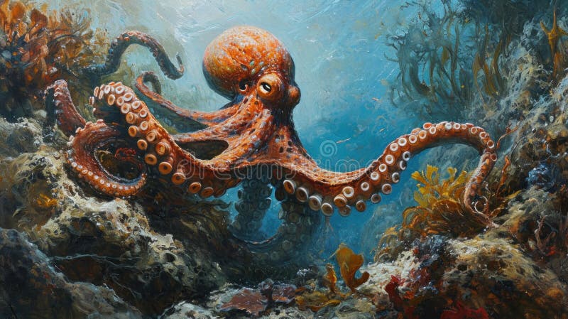 An Octopus Swimming in a Sea of Coral and Rocks, AI Stock Illustration ...