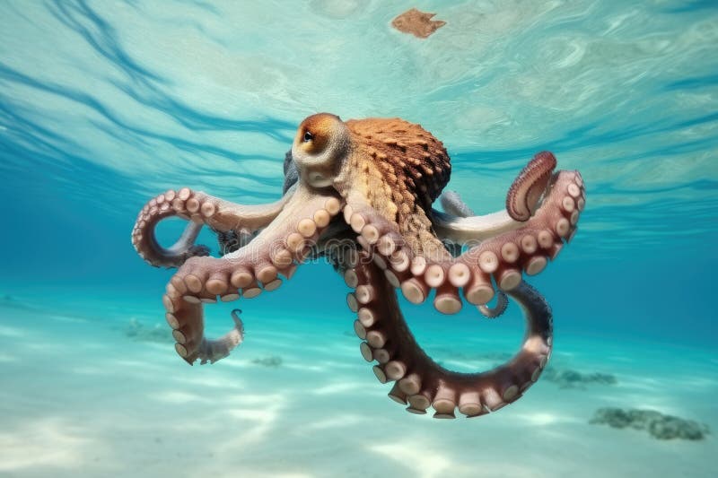 Octopus Swimming Underwater in a Blue Ocean Stock Illustration ...
