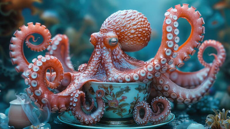 Octopus Tentacle in Cup - Surreal Still Life Stock Illustration ...