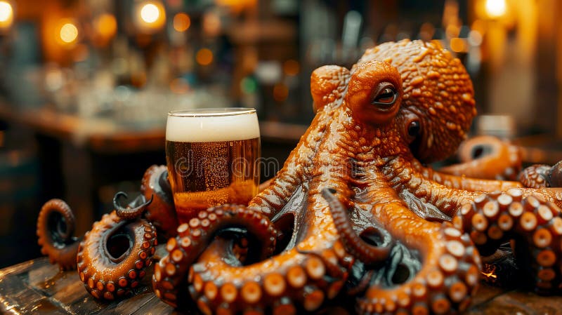Octopus Tentacles Holding Glass of Beer. Octopus Drinks Beer Stock ...