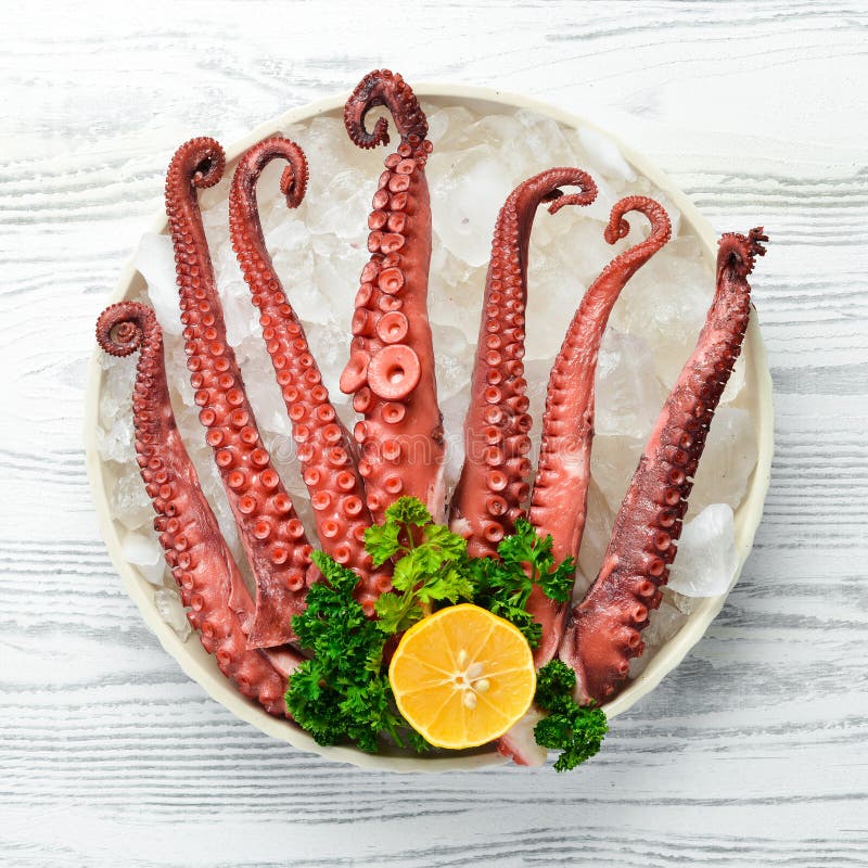 Octopus Tentacles on Ice Seafood in a Plate View from Above Flat Layout ...
