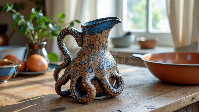Octopus-themed Ceramic Jug with Tentacle Design on Rustic Kitchen Table ...