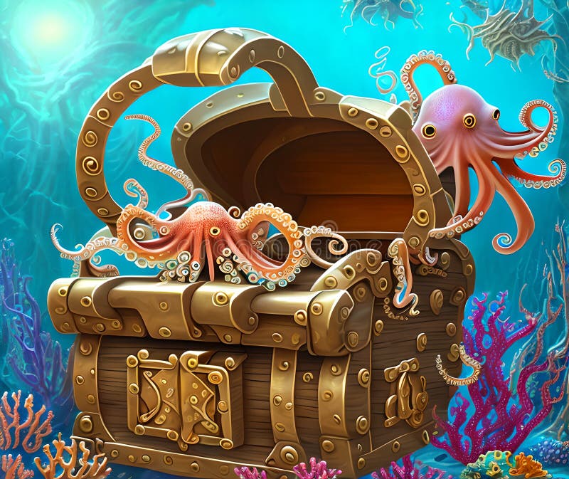Octopus and Treasure Chest, Generative AI Illustration Stock ...