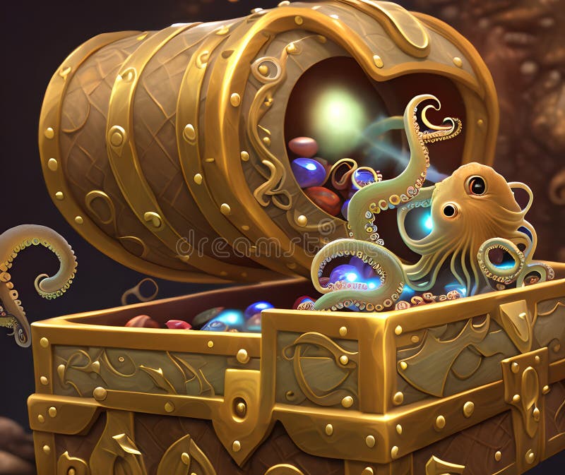 Octopus and Treasure Chest, Generative AI Illustration Stock ...