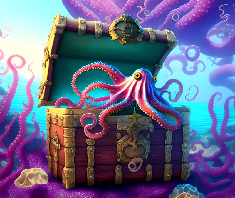 Octopus and Treasure Chest, Generative AI Illustration Stock ...