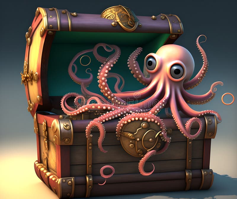 Octopus and Treasure Chest, Generative AI Illustration Stock ...