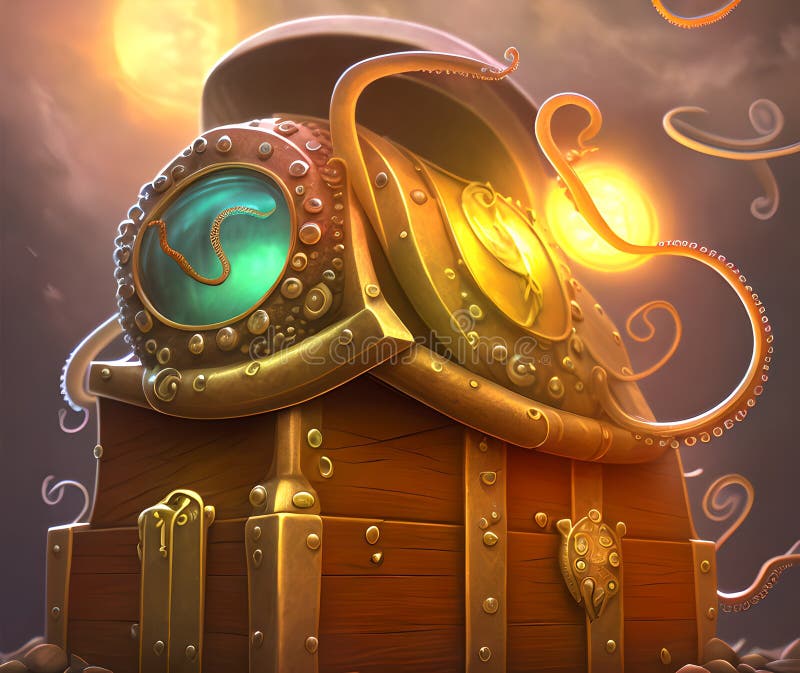 Octopus and Treasure Chest, Generative AI Illustration Stock ...