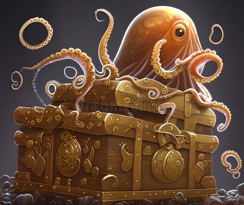 Octopus and Treasure Chest, Generative AI Illustration Stock ...