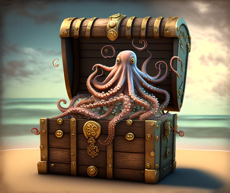 Octopus and Treasure Chest, Generative AI Illustration Stock ...