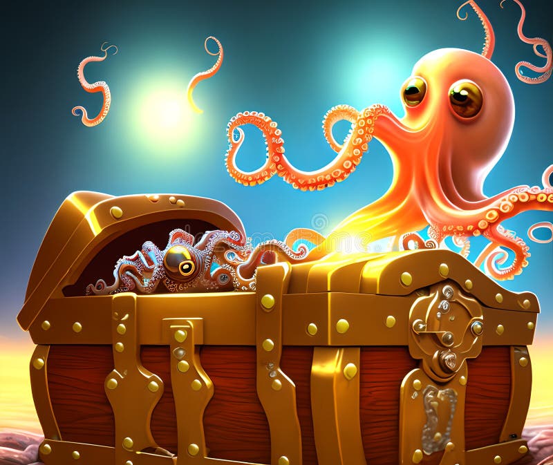 Octopus and Treasure Chest, Generative AI Illustration Stock ...