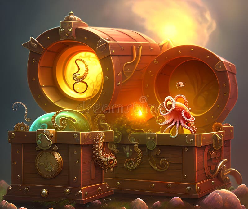 Octopus and Treasure Chest, Generative AI Illustration Stock ...