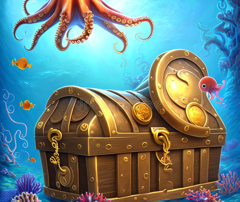 Octopus and Treasure Chest, Generative AI Illustration Stock ...