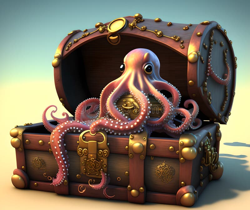 Octopus and Treasure Chest, Generative AI Illustration Stock ...