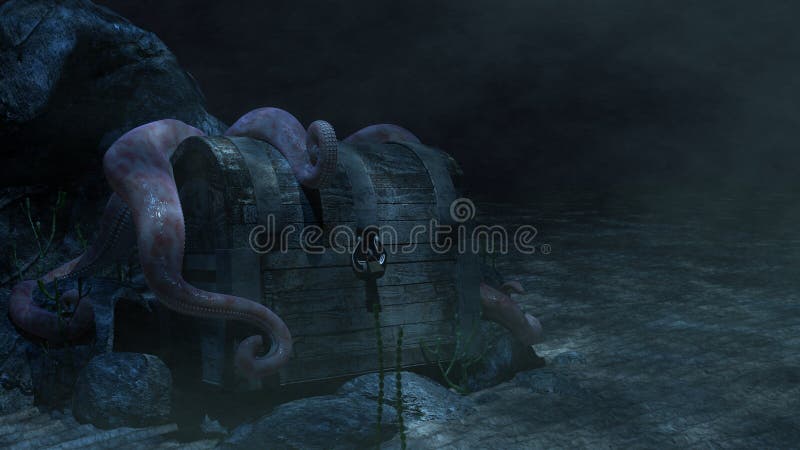 Octopus & Treasure Chest Stock Illustration - Illustration of draping ...